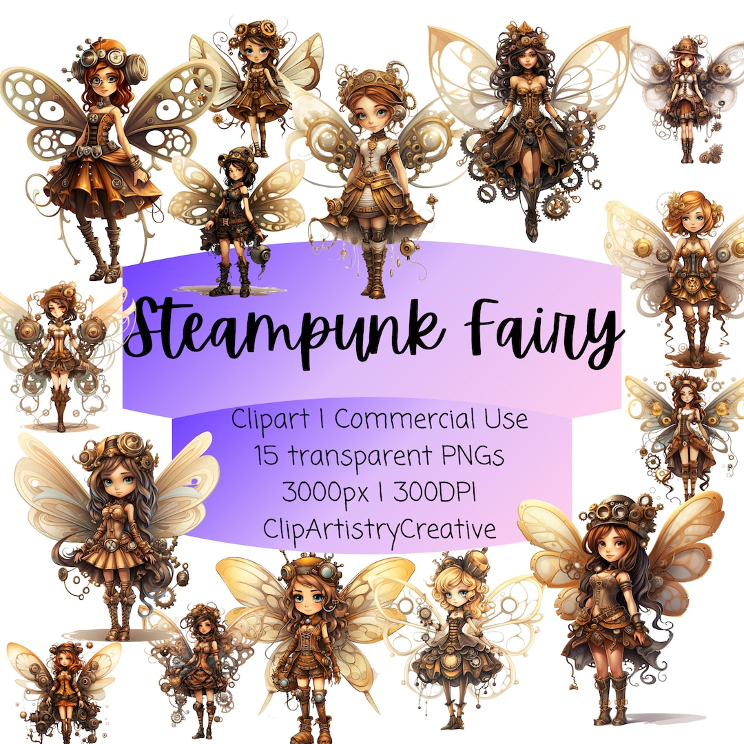 Steampunk Fairies Clipart Bundle PNG Transparent Background Digital ...