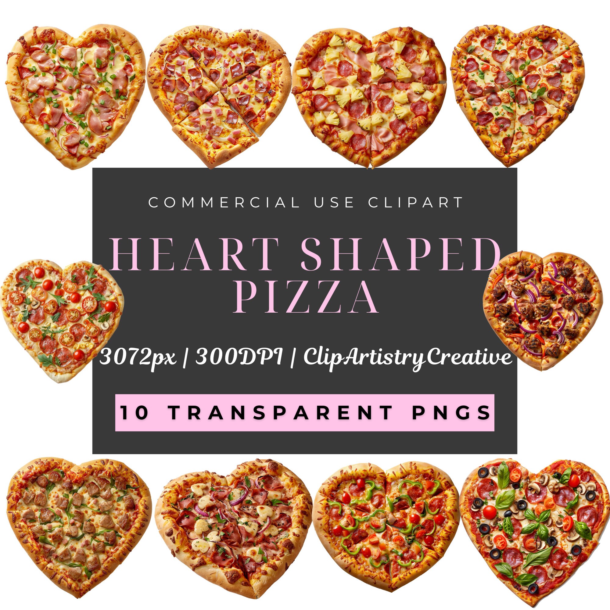 Heart Shaped Pizza Clipart Bundle PNG Transparent Background Instant ...
