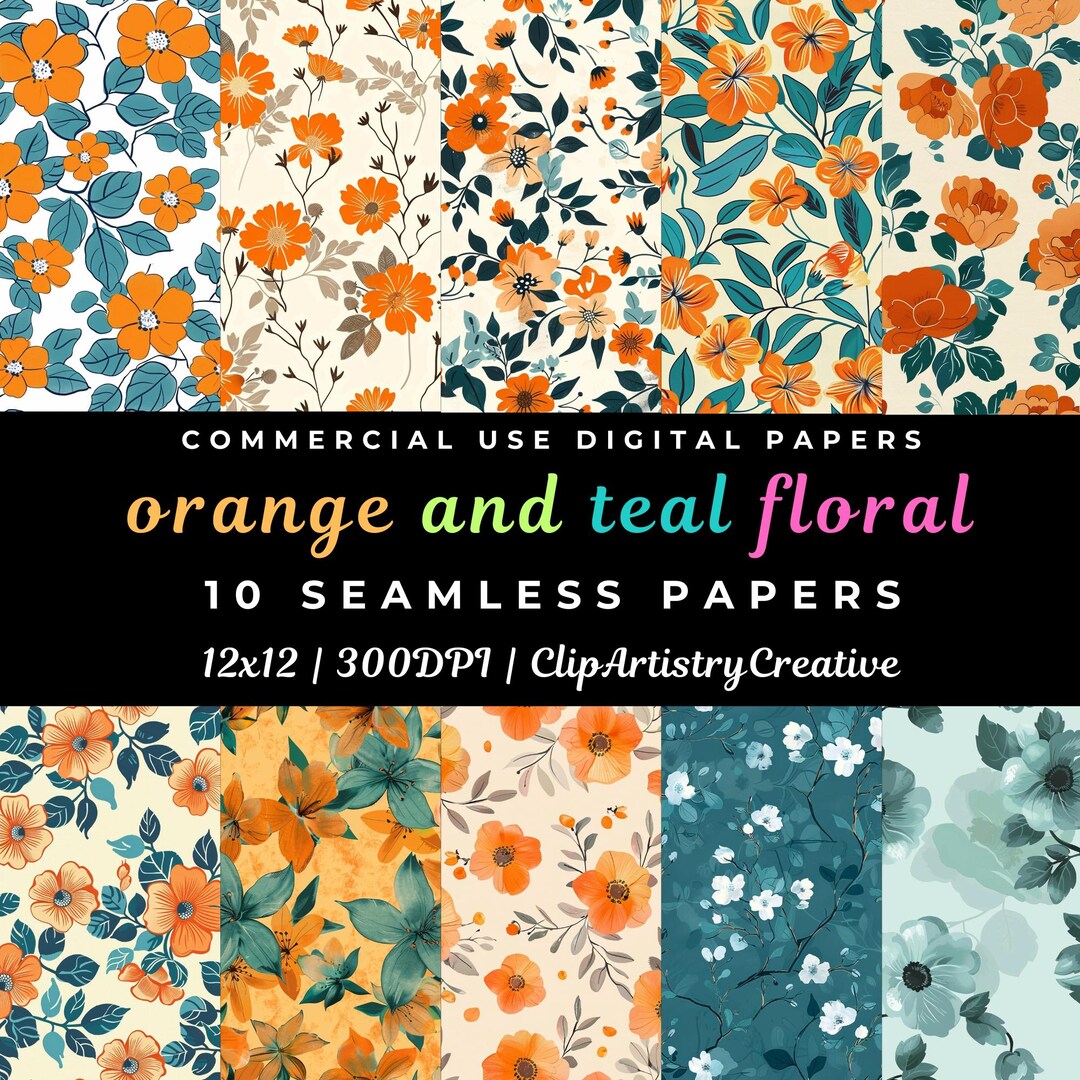Orange and Teal Floral Seamless Digital Paper Pack Digital Background ...