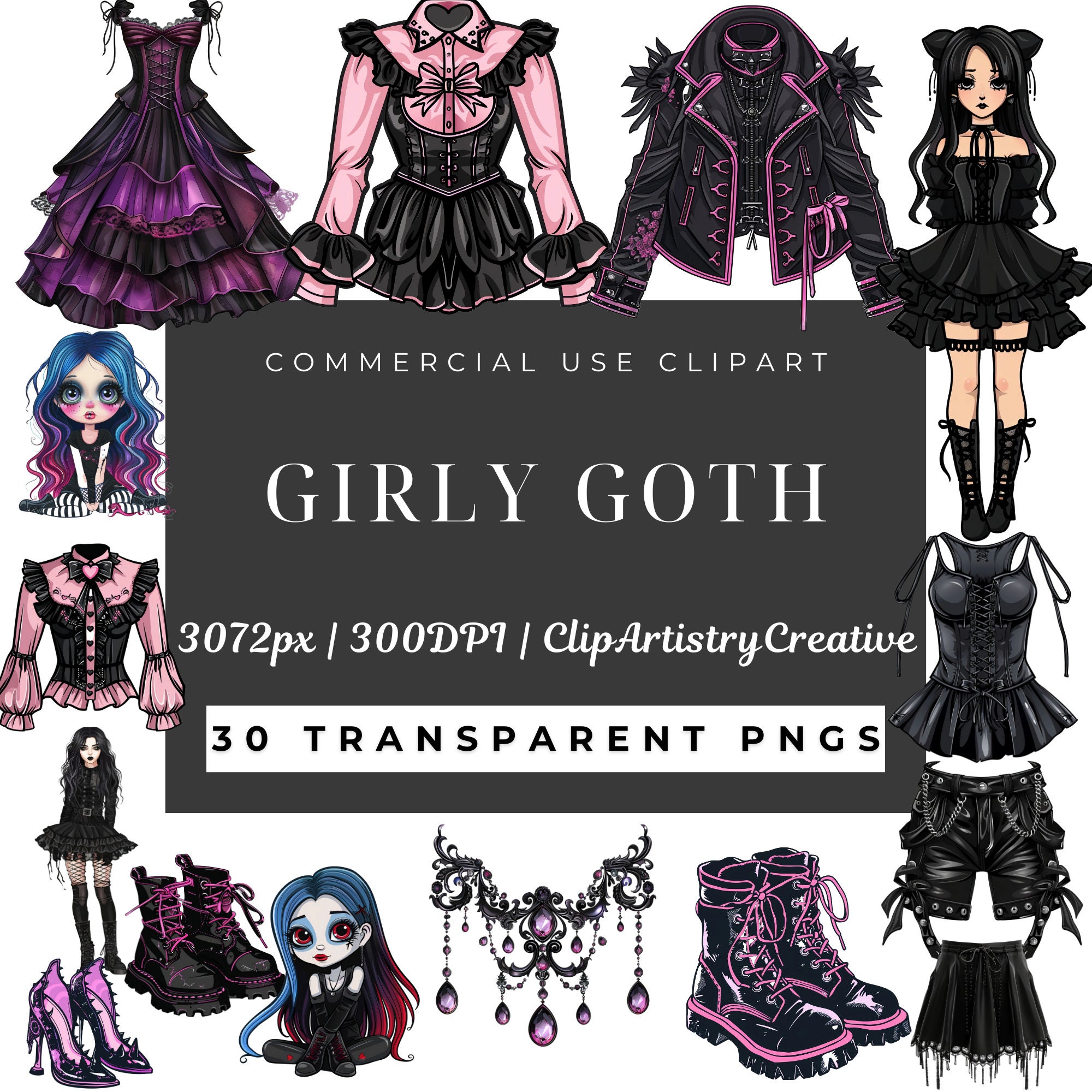 Girly Goth Clipart Bundle PNG Transparent Background Digital Download ...