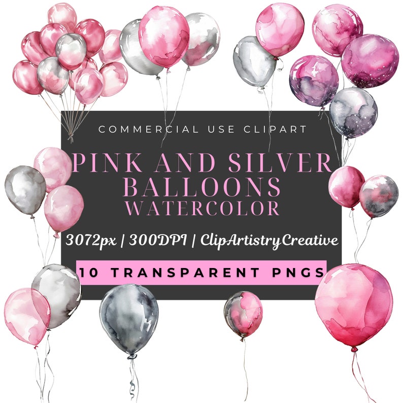 Pink and Silver Balloon Watercolour Clipart Bundle PNG Transparent ...