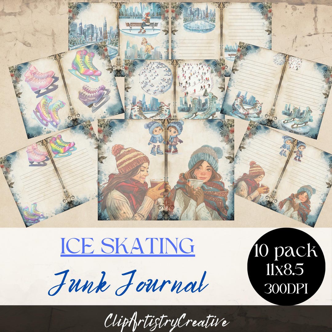 Ice Skating Junk Journal Digital Printable Paper, Winter Fun Christmas ...