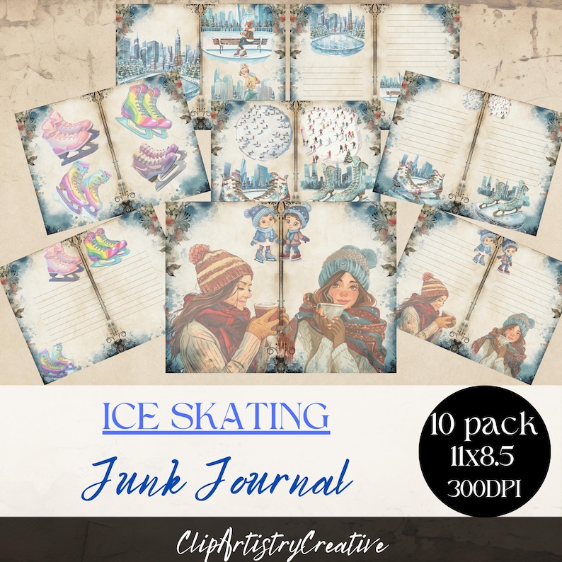 Ice Skating Junk Journal Digital Printable Paper, Winter Fun Christmas ...