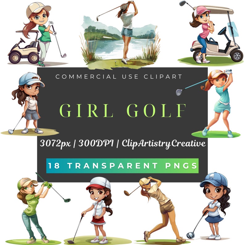 Lady Golfer Girl Golf Clipart Bundle PNG Transparent Background Digital ...