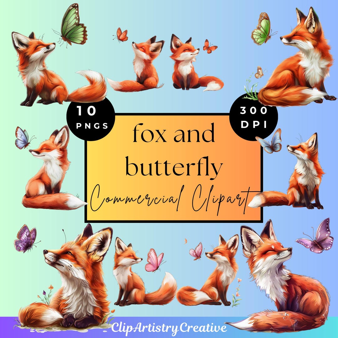 Fox and Butterfly Clipart Bundle PNG Transparent Background Digital ...