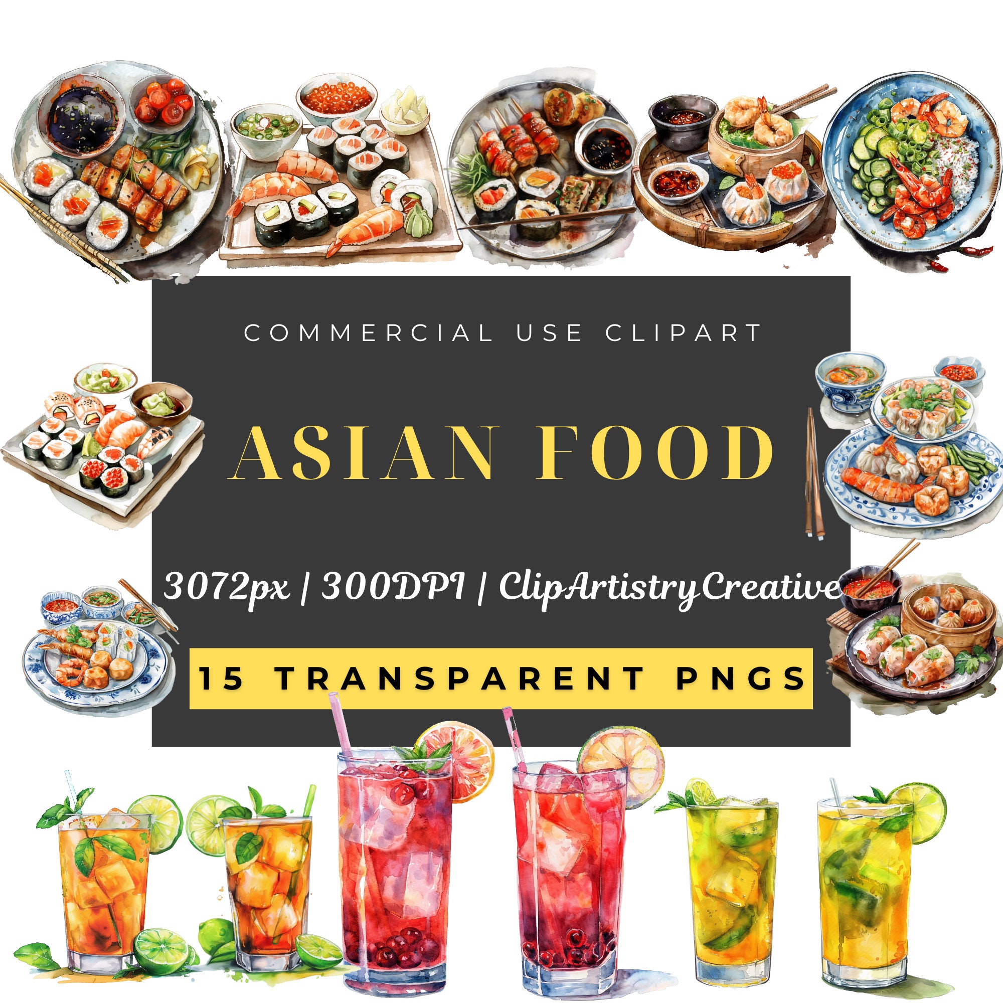 Asian Food Drinks Clipart Bundle PNG Transparent Background Digital ...