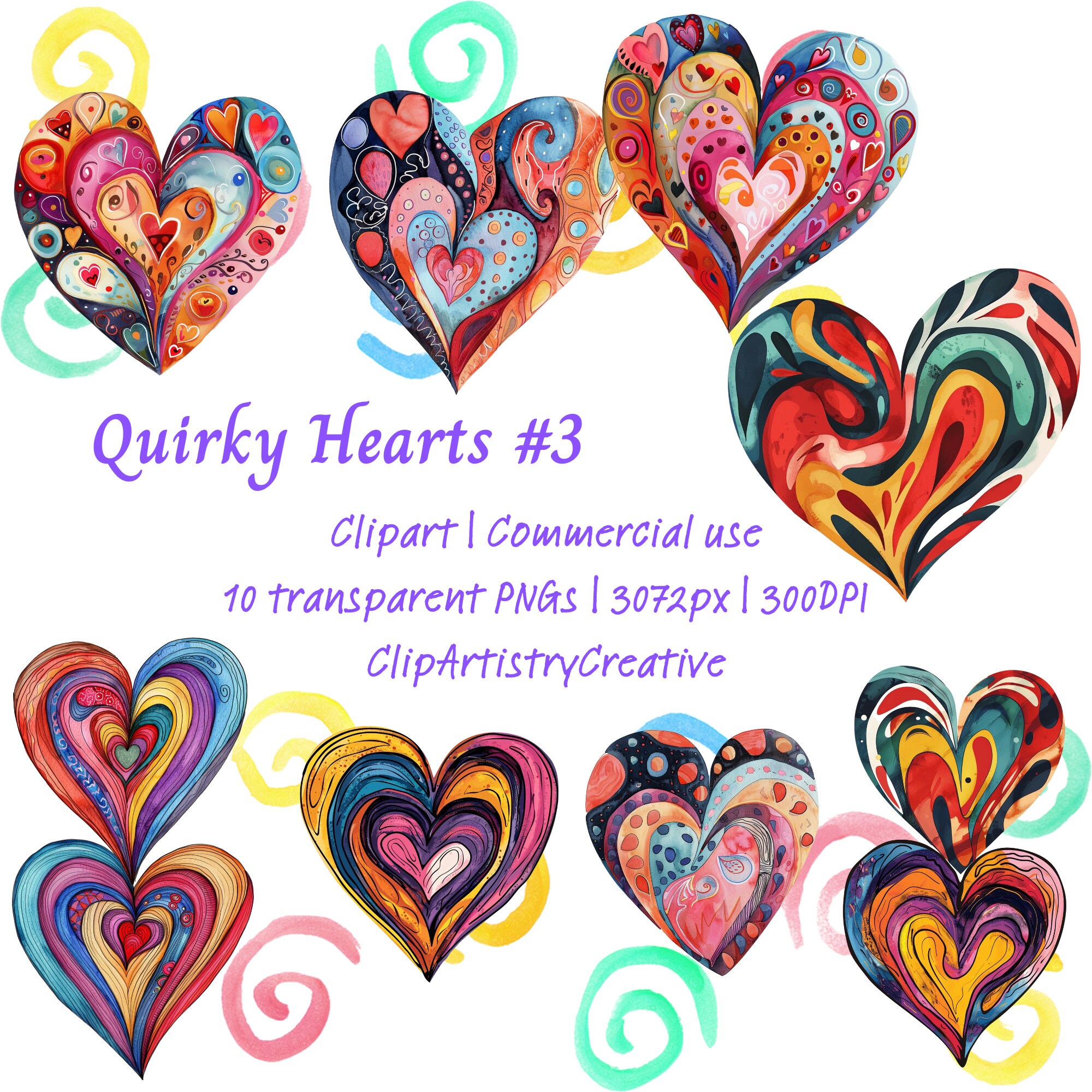 Quirky Hearts Clipart Bundle PNG Transparent Background Digital ...