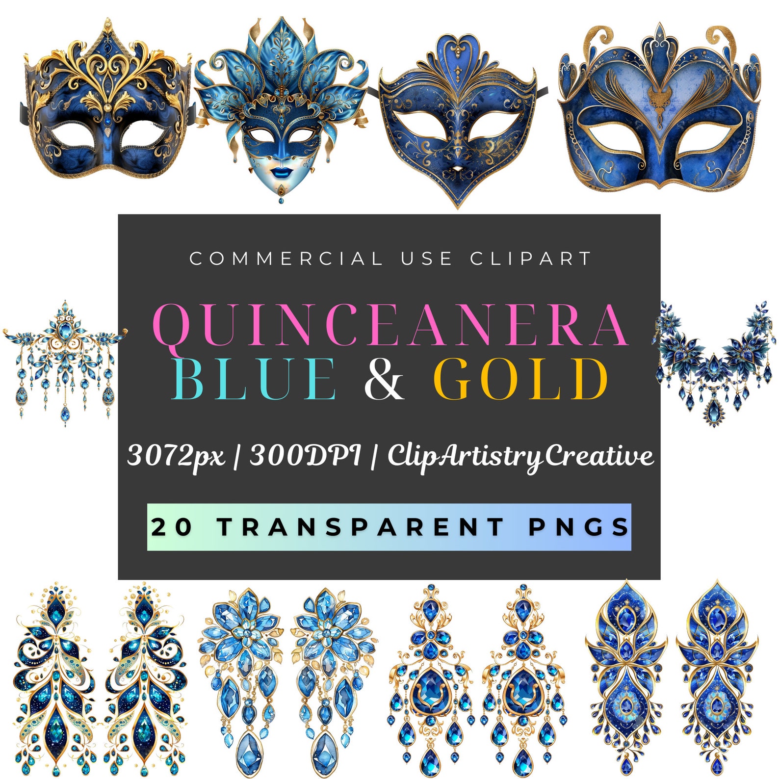 Quinceanera Blue and Gold Clipart Bundle PNG Transparent Background ...