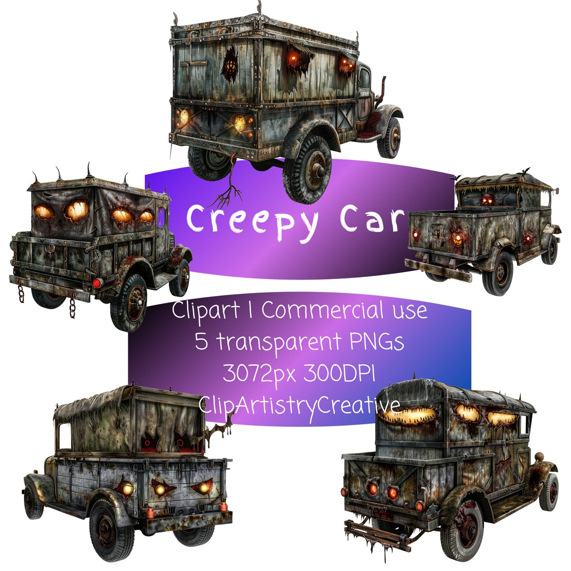 Creepy Scary Weird Car Halloween Clipart Bundle PNG Transparent ...