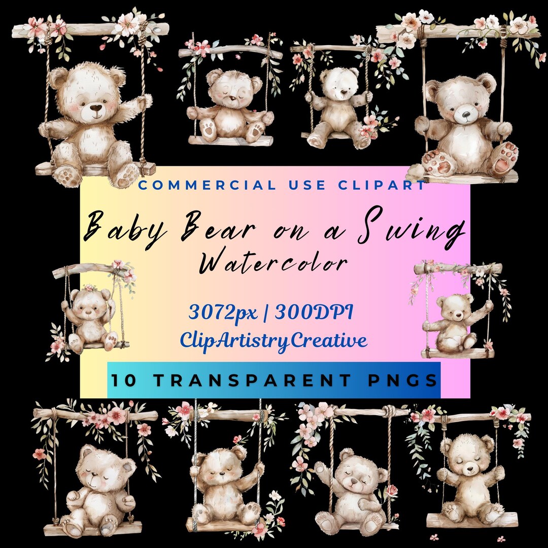 Watercolor Baby Bear on a Swing Clipart PNG Transparent Background ...