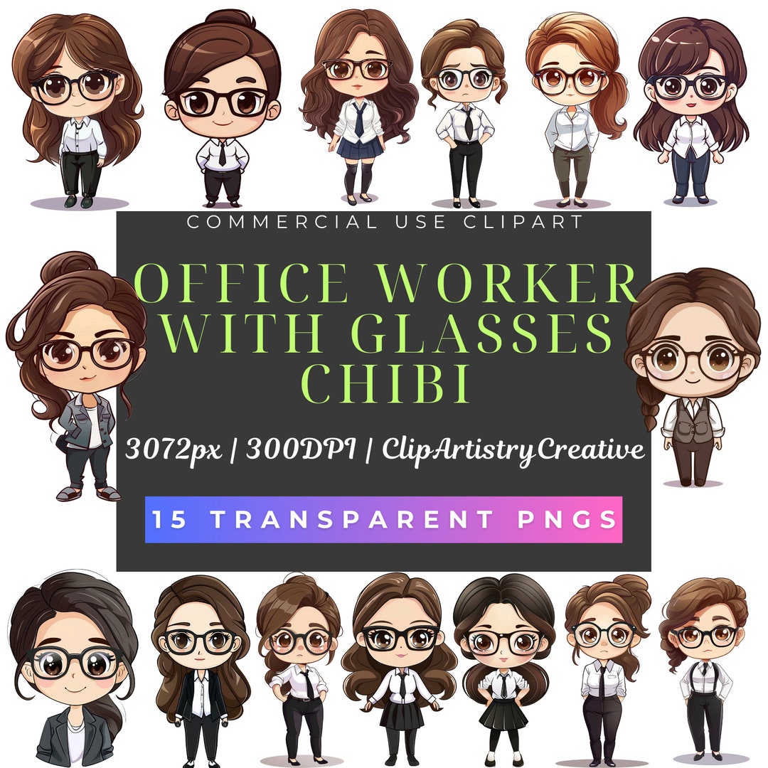 Chibi Office Worker With Glasses Woman Clipart Bundle PNG Transparent ...
