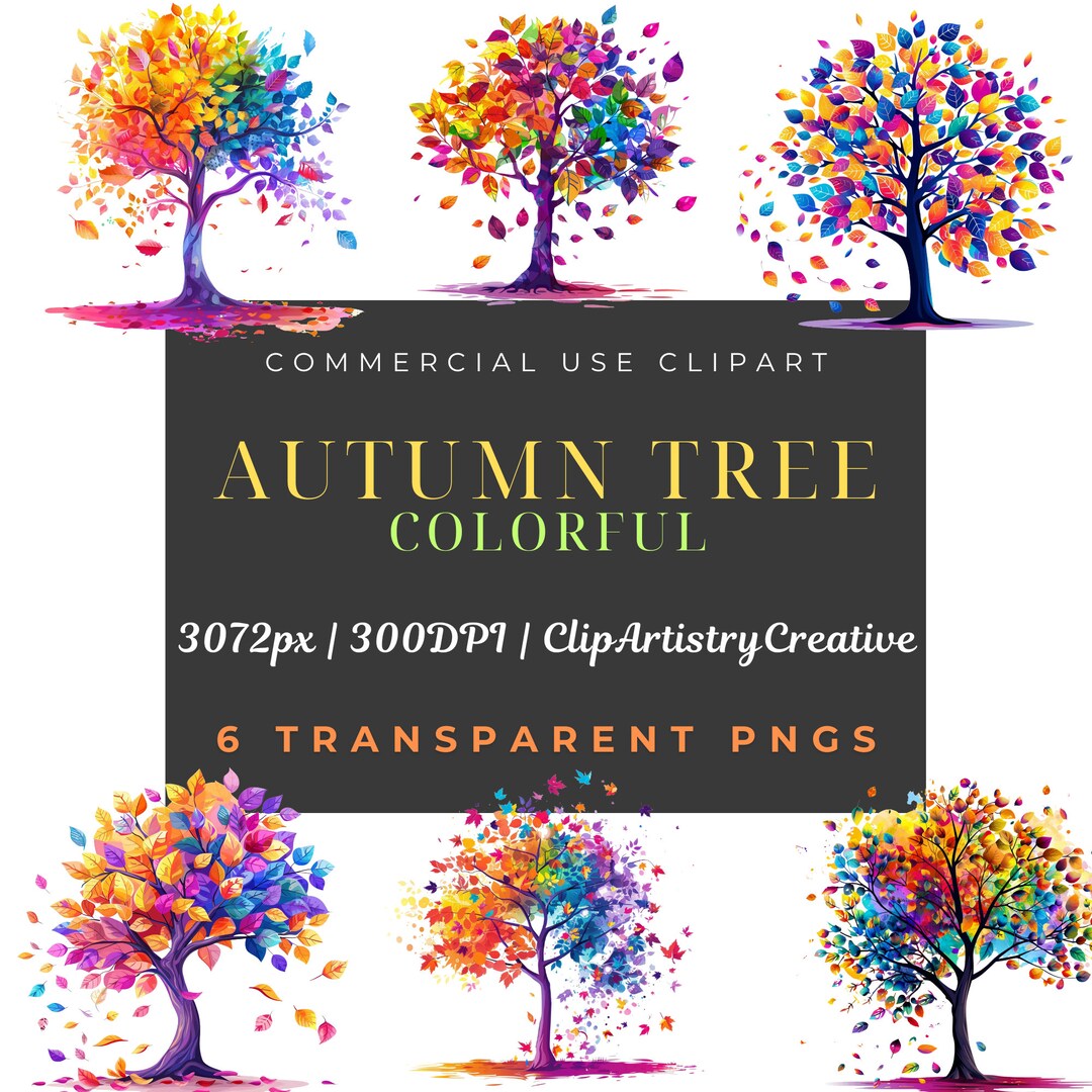 Autumn Fall Trees Colorful Clipart Bundle PNG Transparent Background ...
