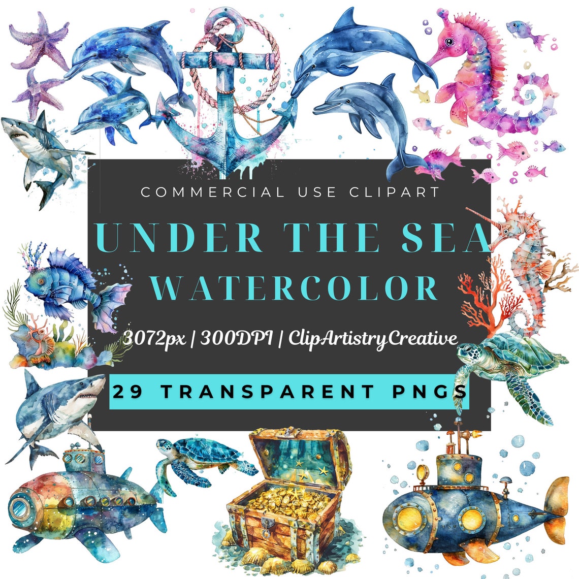 Under the Sea Watercolour Ocean Animals Clipart Bundle PNG Transparent ...