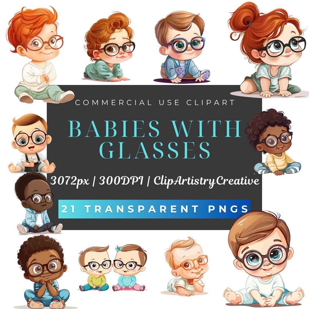 Babies With Glasses Clipart Bundle PNG Transparent Background Instant ...