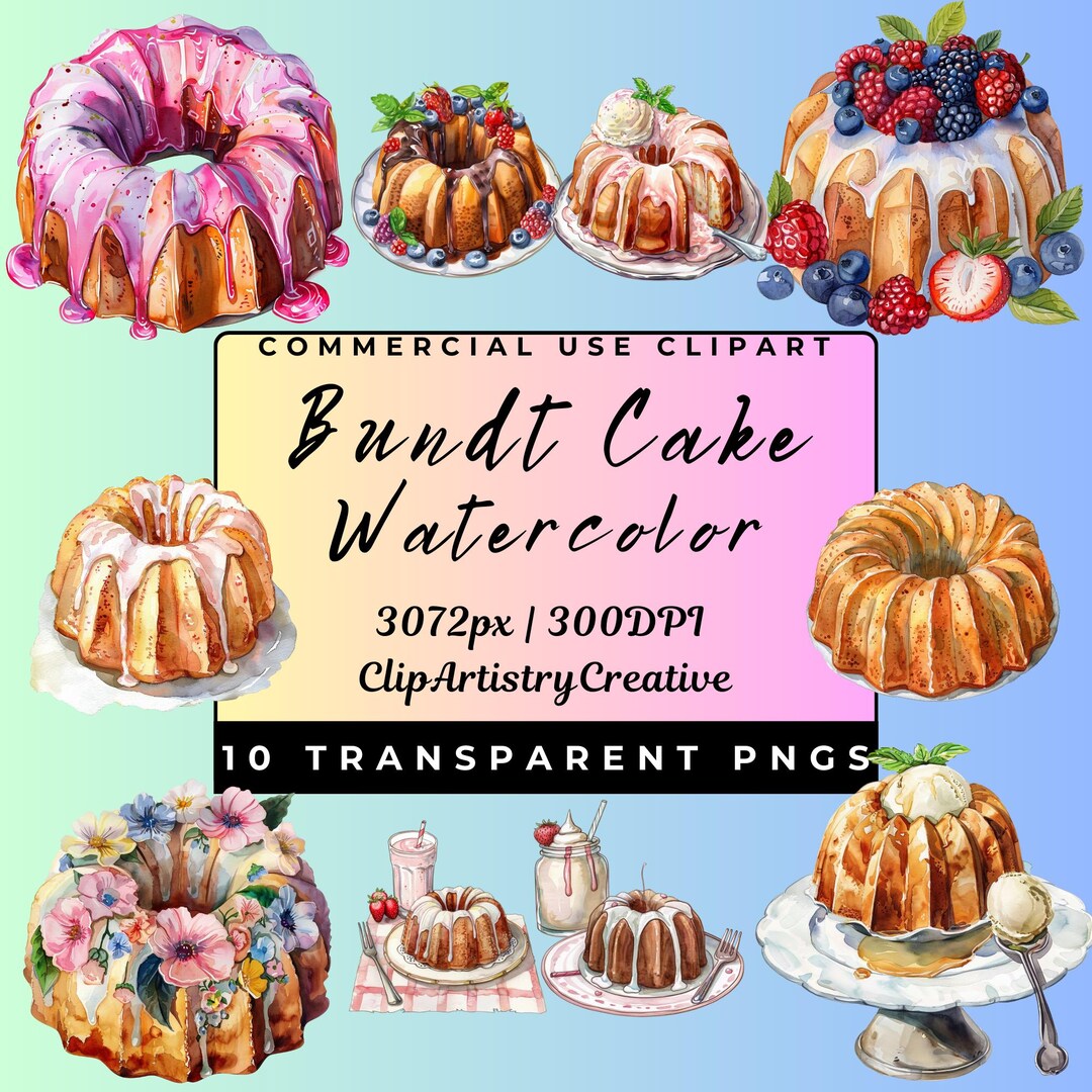 Bundt Cake Watercolor Clipart Bundle PNG Transparent Background Digital ...