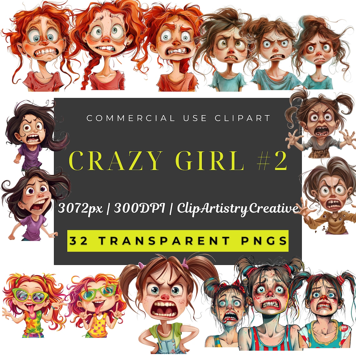 Crazy Girls Quirky Girls Girclipart Bundle PNG Transparent Background Digital Download, Crazy ...