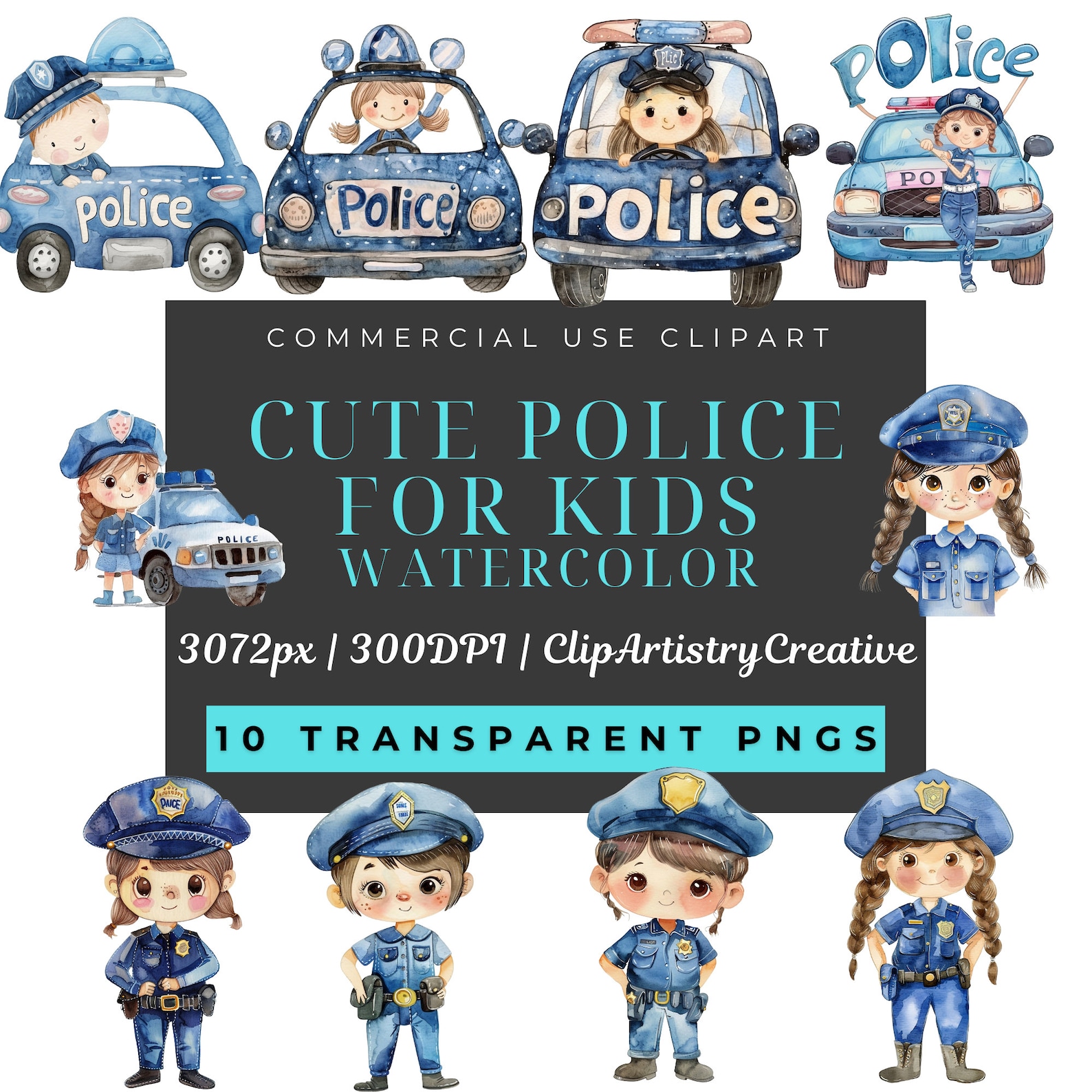 Watercolor Cute Police for Kids Clipart Bundle PNG Transparent ...