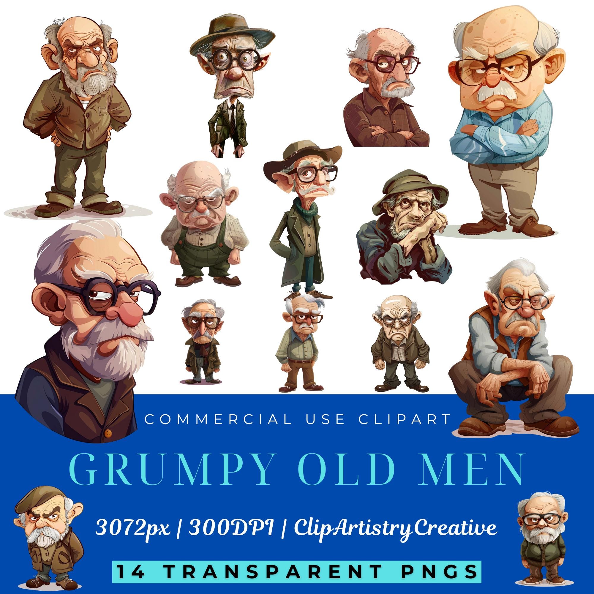 Grumpy Old Men Quirky People Clipart Bundle PNG Transparent Background ...