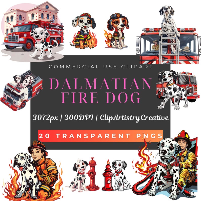 Dalmatian Fire Dog Clipart Bundle PNG Transparent Background Digital ...