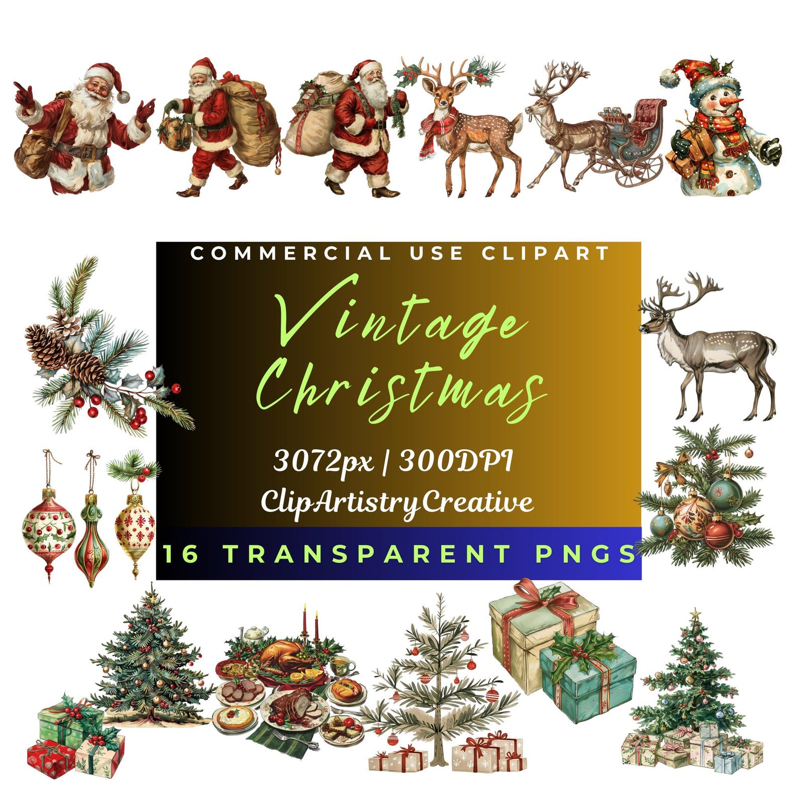 Vintage Christmas Clipart PNG Transparent Background Digital Download ...