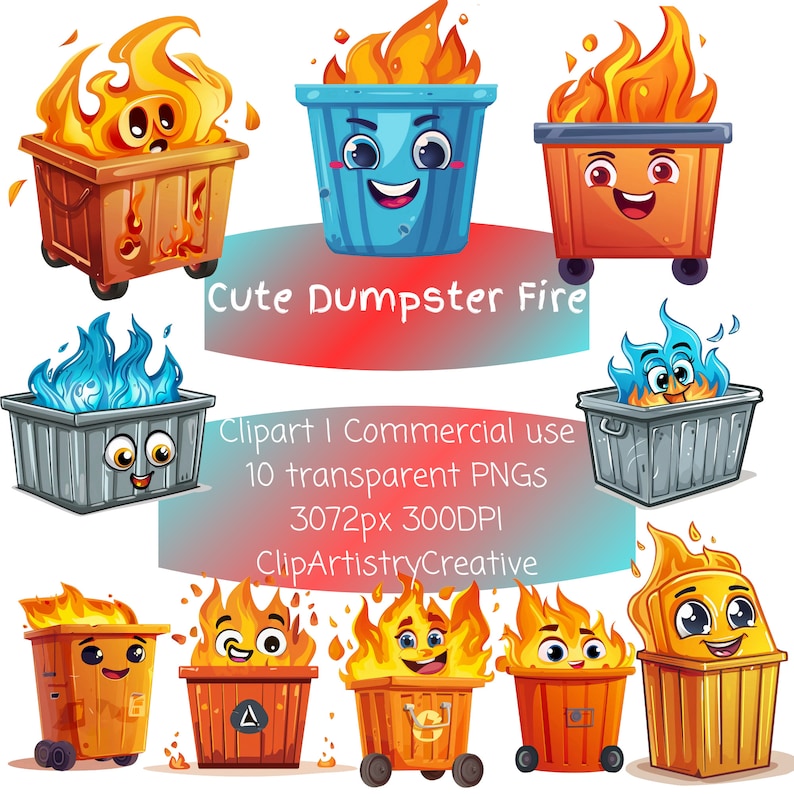 Cute Dumpster Fire Clipart Bundle PNG Transparent Background Digital ...