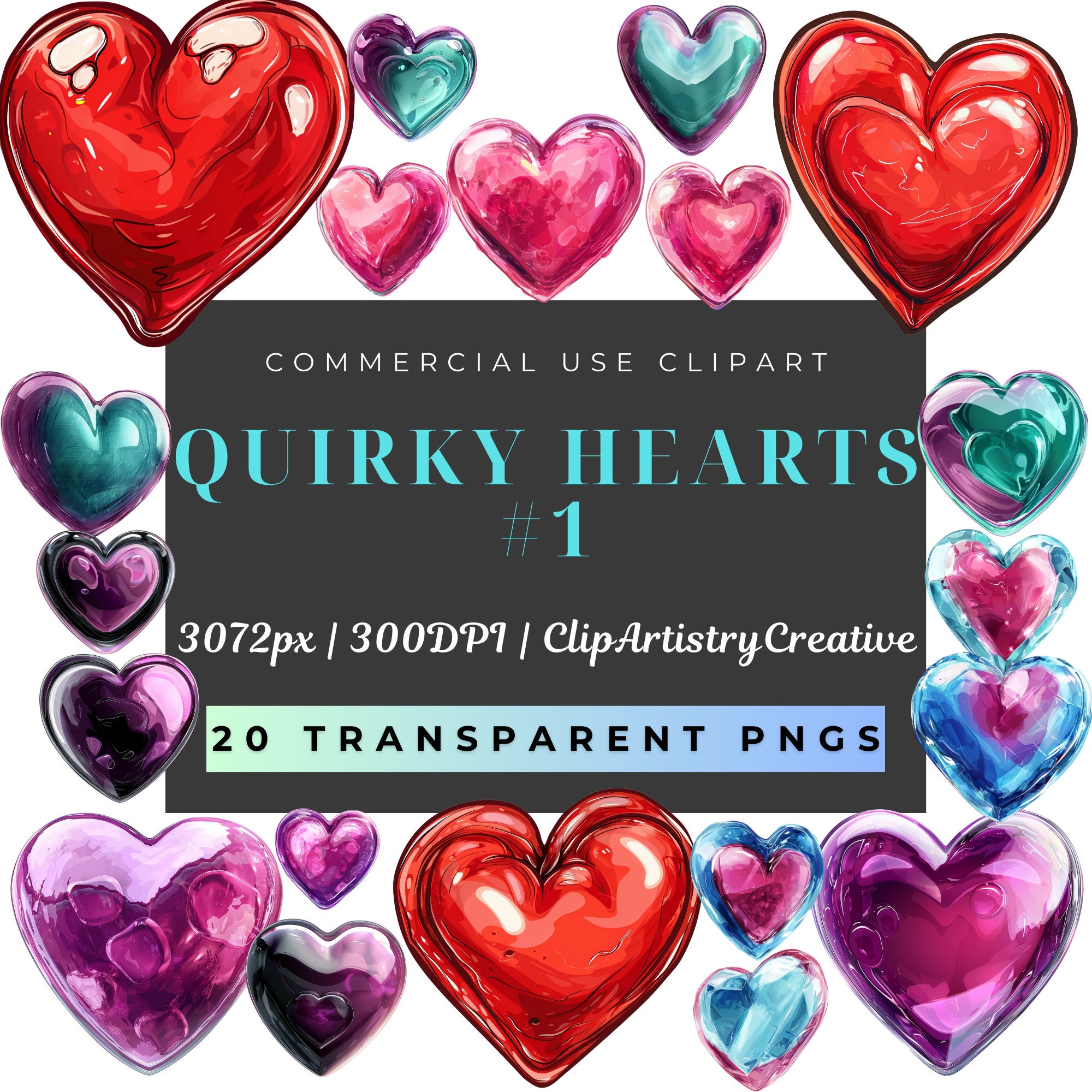 Quirky Hearts Clipart Bundle PNG Transparent Background Digital ...