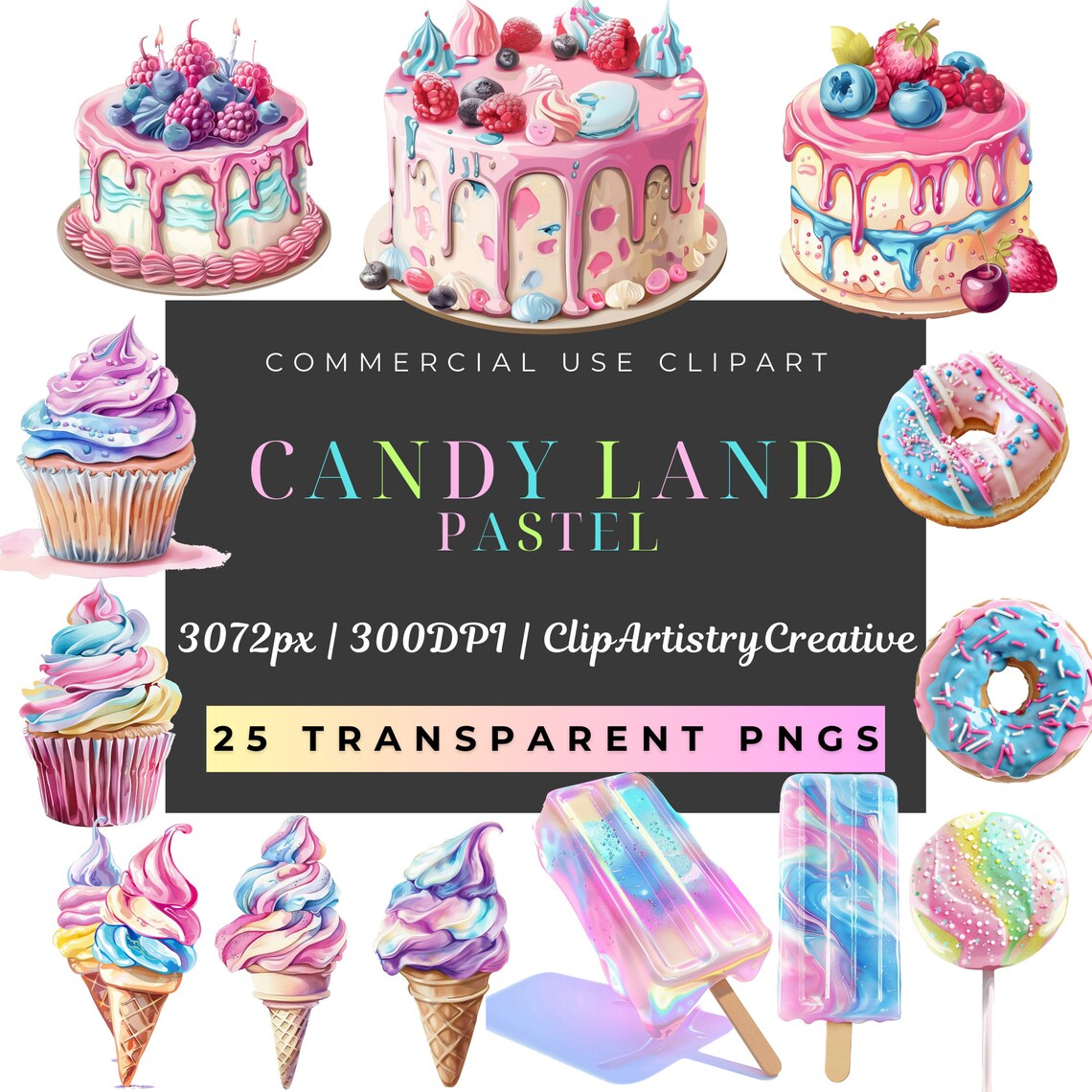 Pastel Candyland Clipart PNG Bundle Transparent Background Digital ...