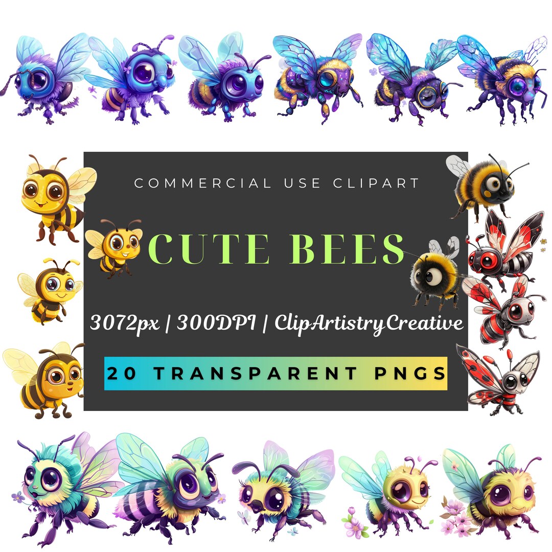 Cute Bees Clipart Bundle PNG Transparent Background Digital Download ...