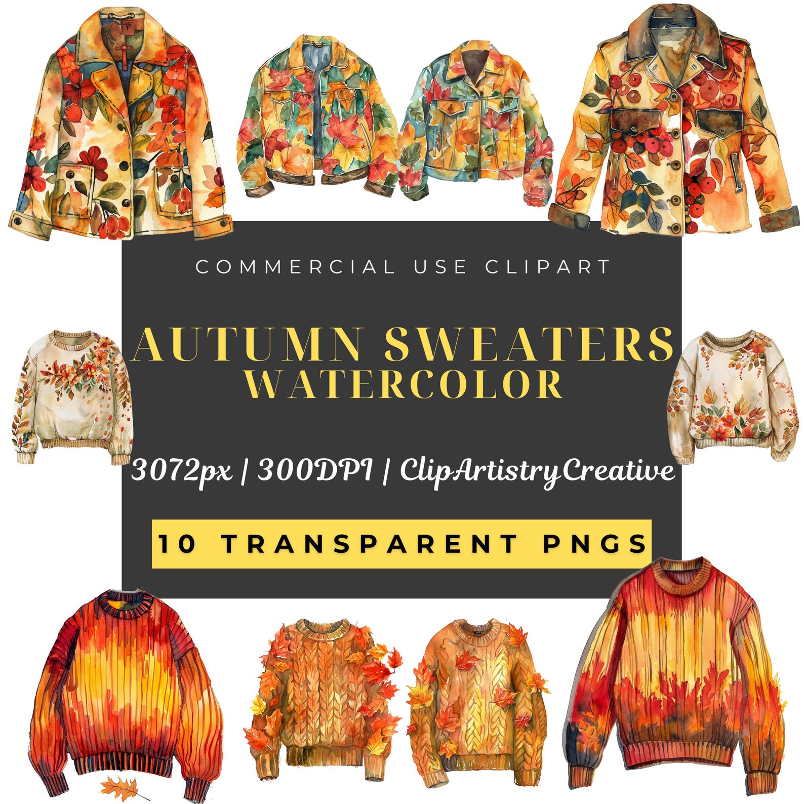 Autumn Sweaters Watercolor Clipart Bundle PNG Transparent Background ...
