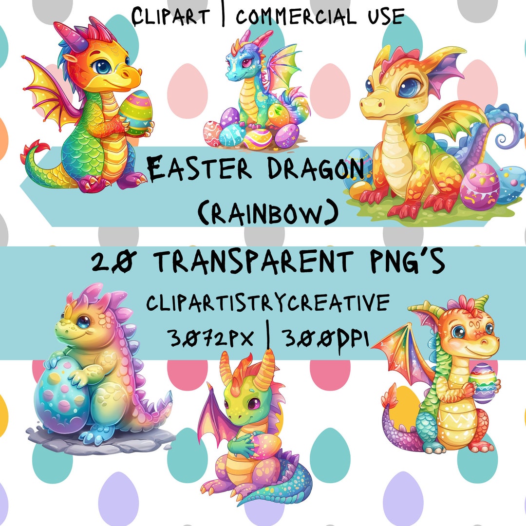 Easter Dragon Rainbow Clipart Bundle PNG Transparent Background Instant ...