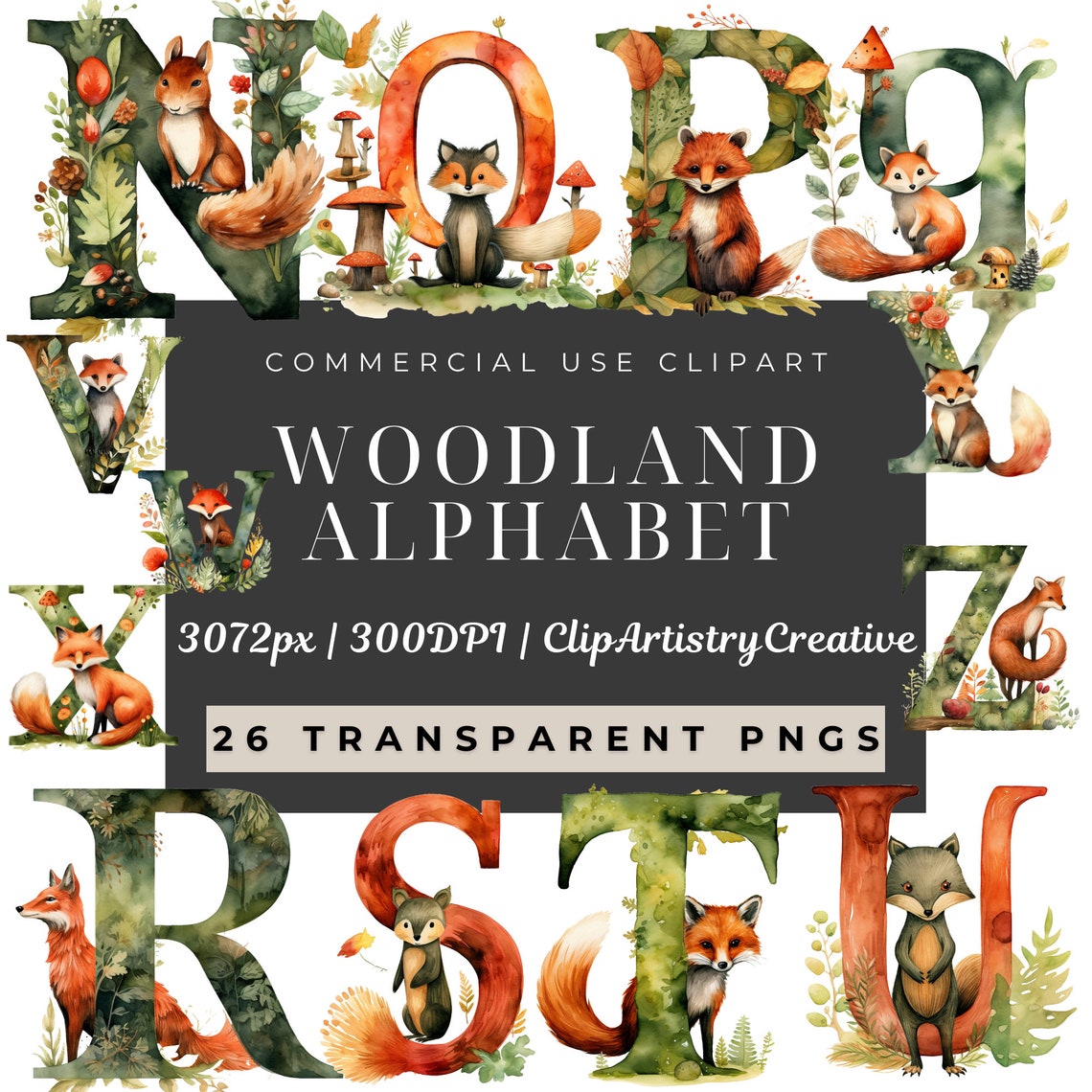 Woodland Animal Alphabet Clipart Bundle 26 PNG Transparent Background ...