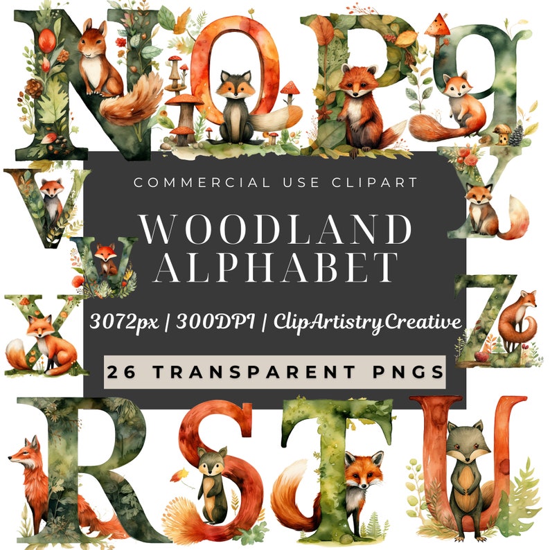Woodland Animal Alphabet Clipart Bundle 26 PNG Transparent Background ...