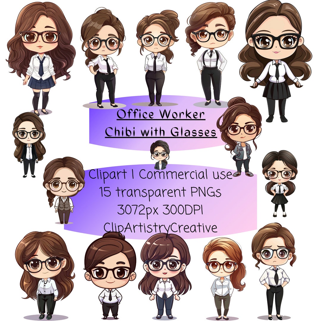Chibi Glasses Office Worker Woman Clipart Bundle PNG Transparent ...