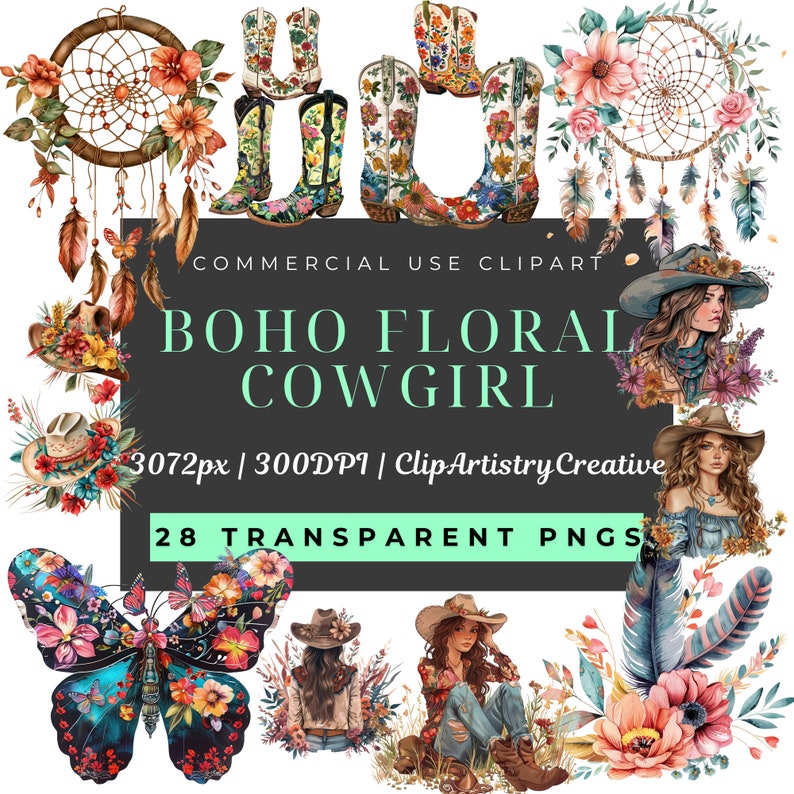 Boho Floral Cowgirl Clipart Bundle PNG Transparent Background Digital ...
