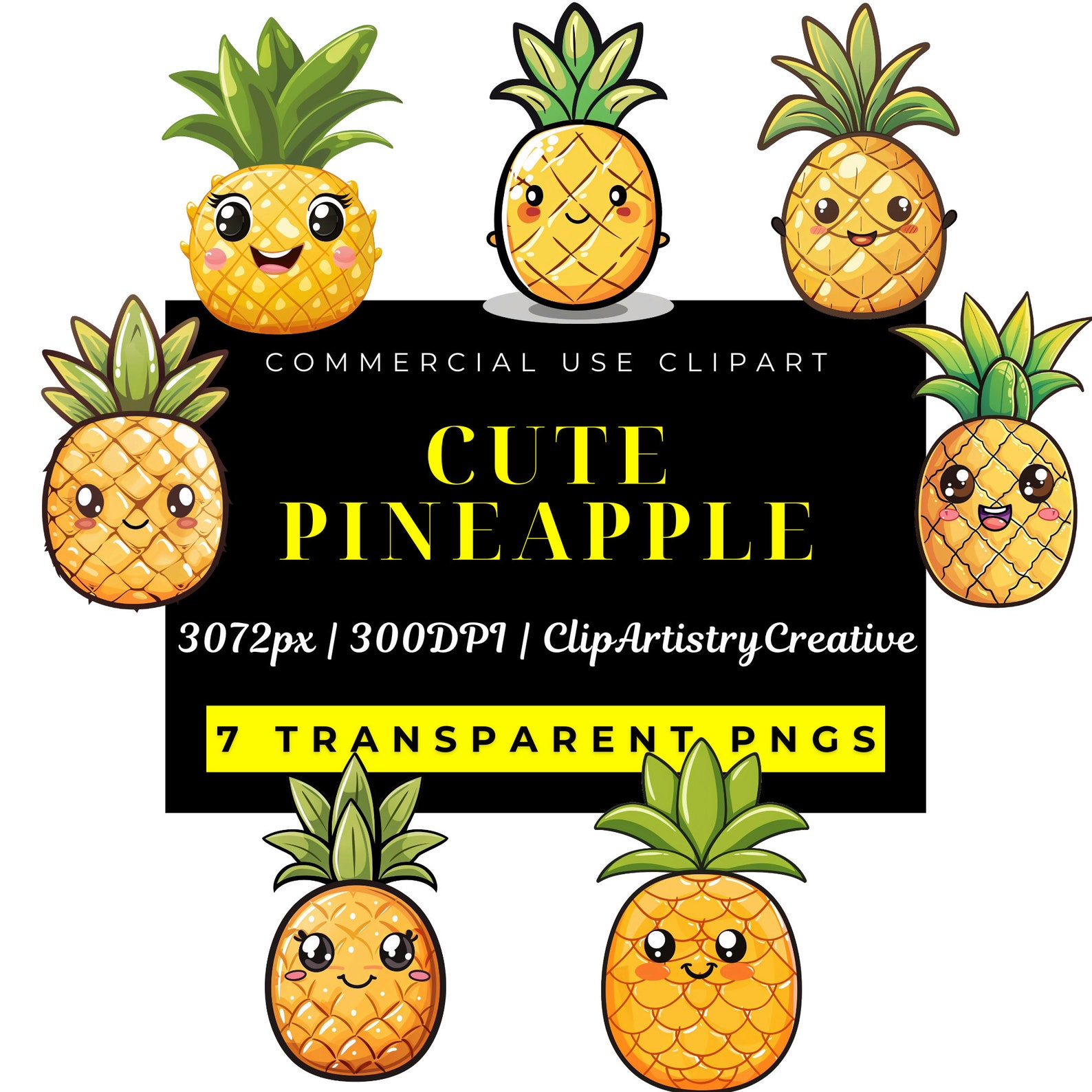 Cute Pineapple Clipart Bundle PNG Transparent Background Digital ...