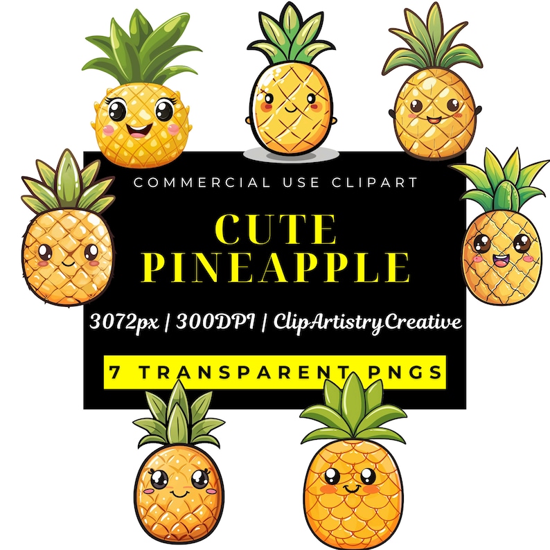 Cute Pineapple Clipart Bundle PNG Transparent Background Digital ...