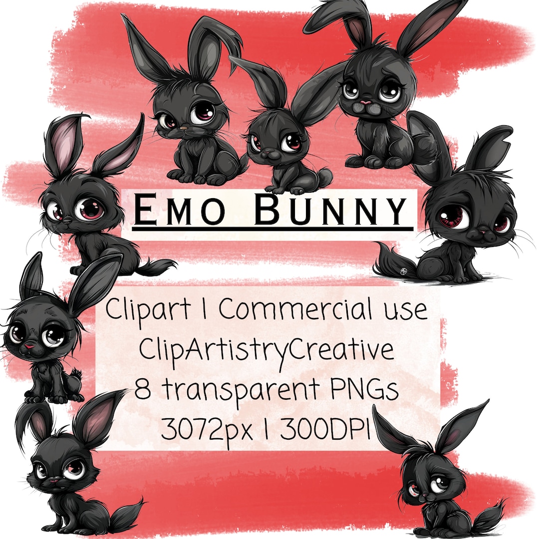 Emo Bunny Clipart Bundle PNG Transparent Background Instant Digital ...