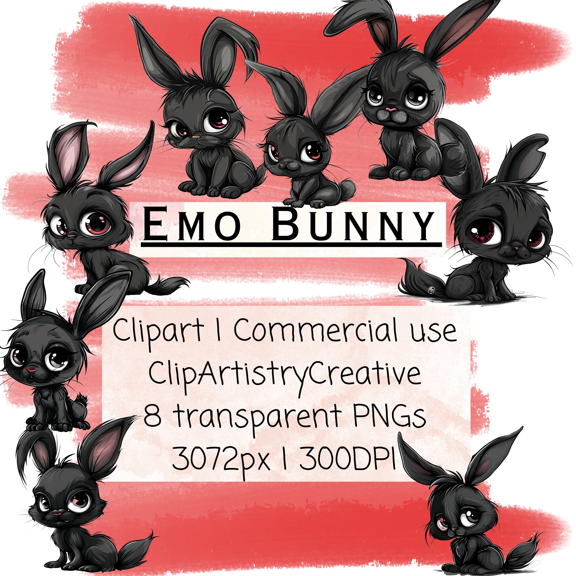 Emo Bunny Clipart Bundle PNG Transparent Background Instant Digital ...