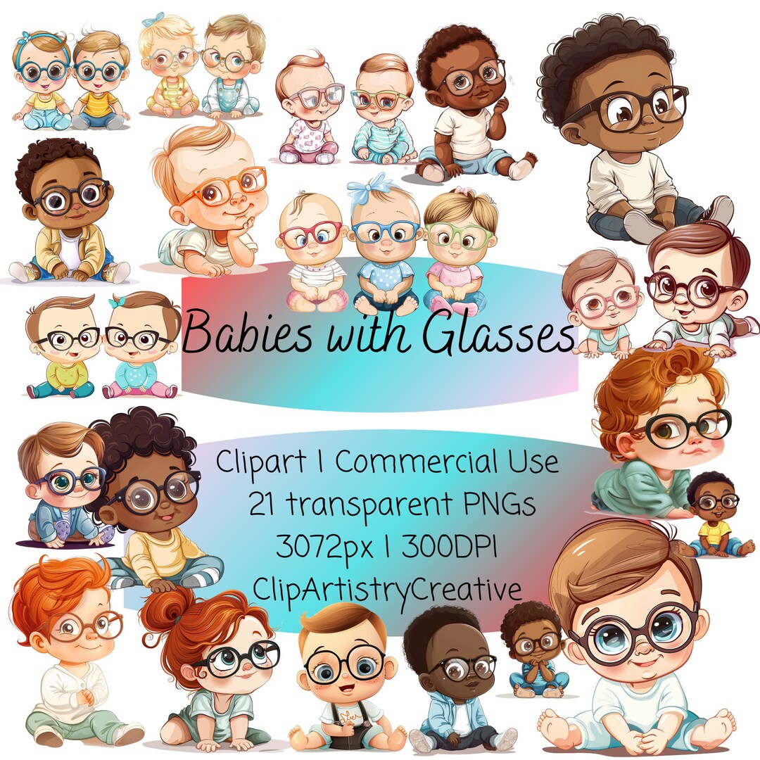 Babies With Glasses Clipart Bundle PNG Transparent Background Instant ...