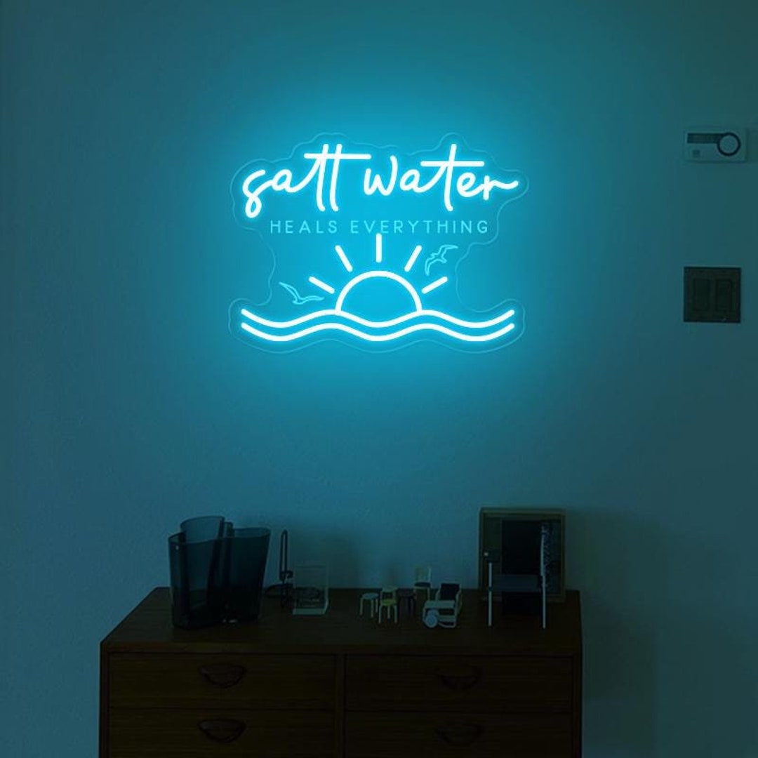 Saltwater Heals Everything Neon Sign, Trendy Beach Neon Light, Sunrise ...