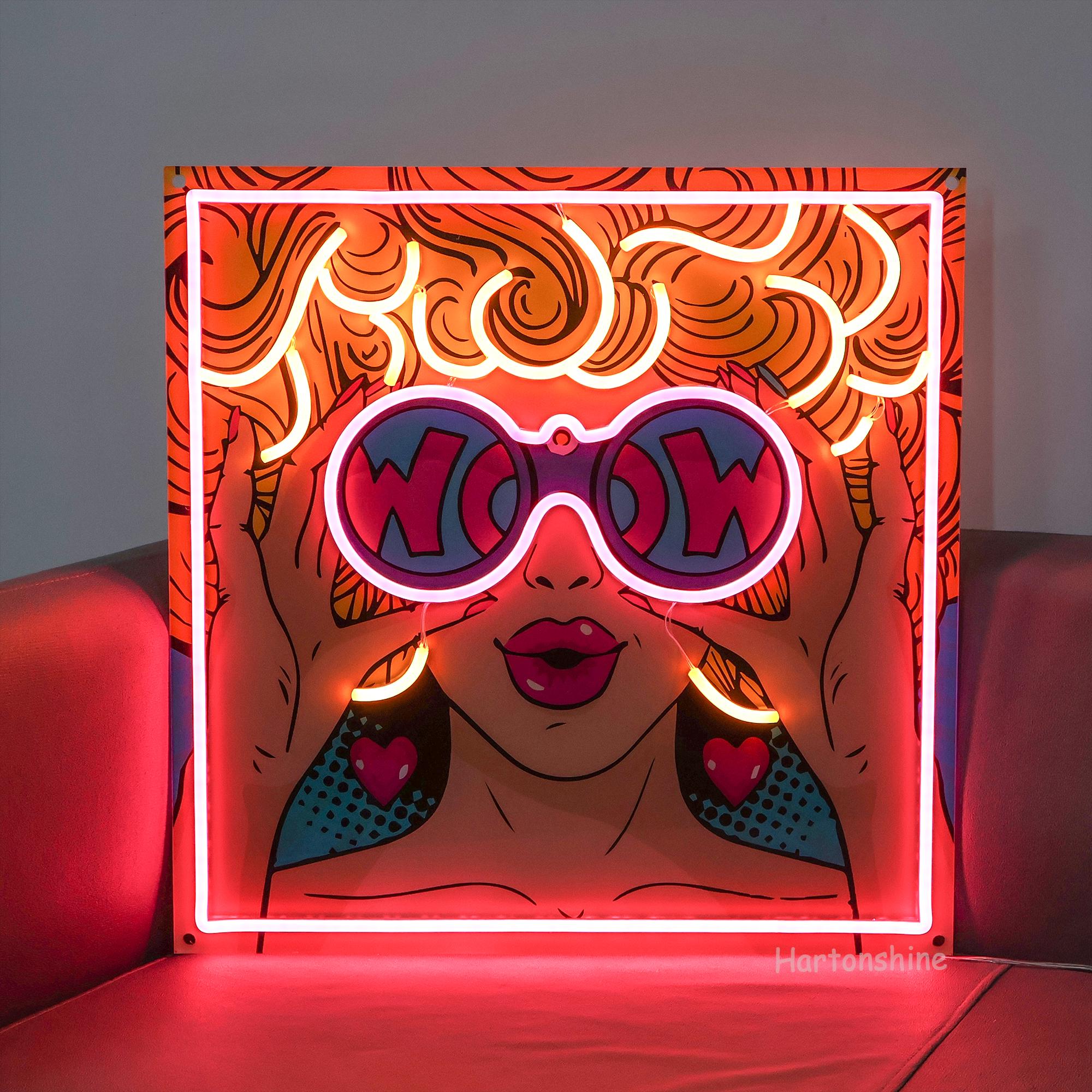Wow Lady Pop Art LED Neon Sign, Comic Pop Art Wall Neon, Woman Face ...