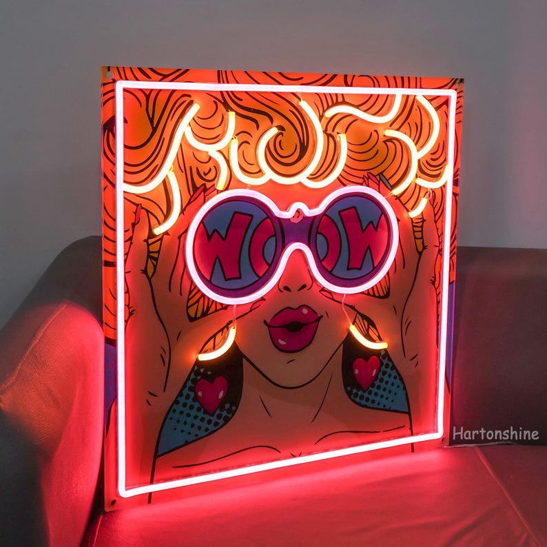 Wow Lady Pop Art LED Neon Sign, Comic Pop Art Wall Neon, Woman Face ...