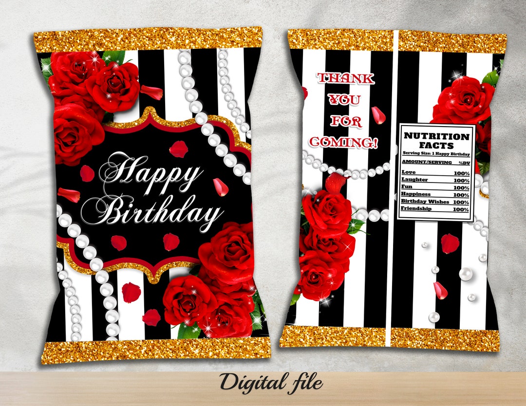 Red Roses Chip Bag, Black White Stripes Birthday Party, Happy Birthday ...