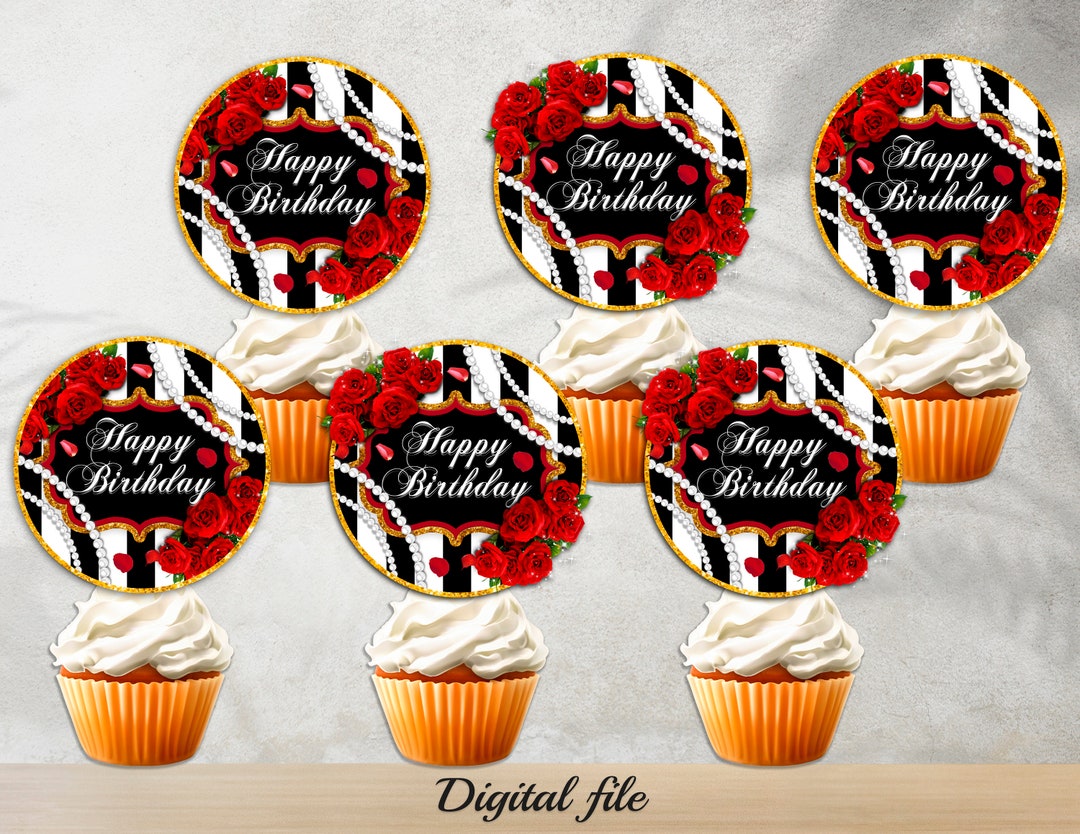 Red Roses Cupcake Toppers, Black White Stripes Birthday Party, Happy ...