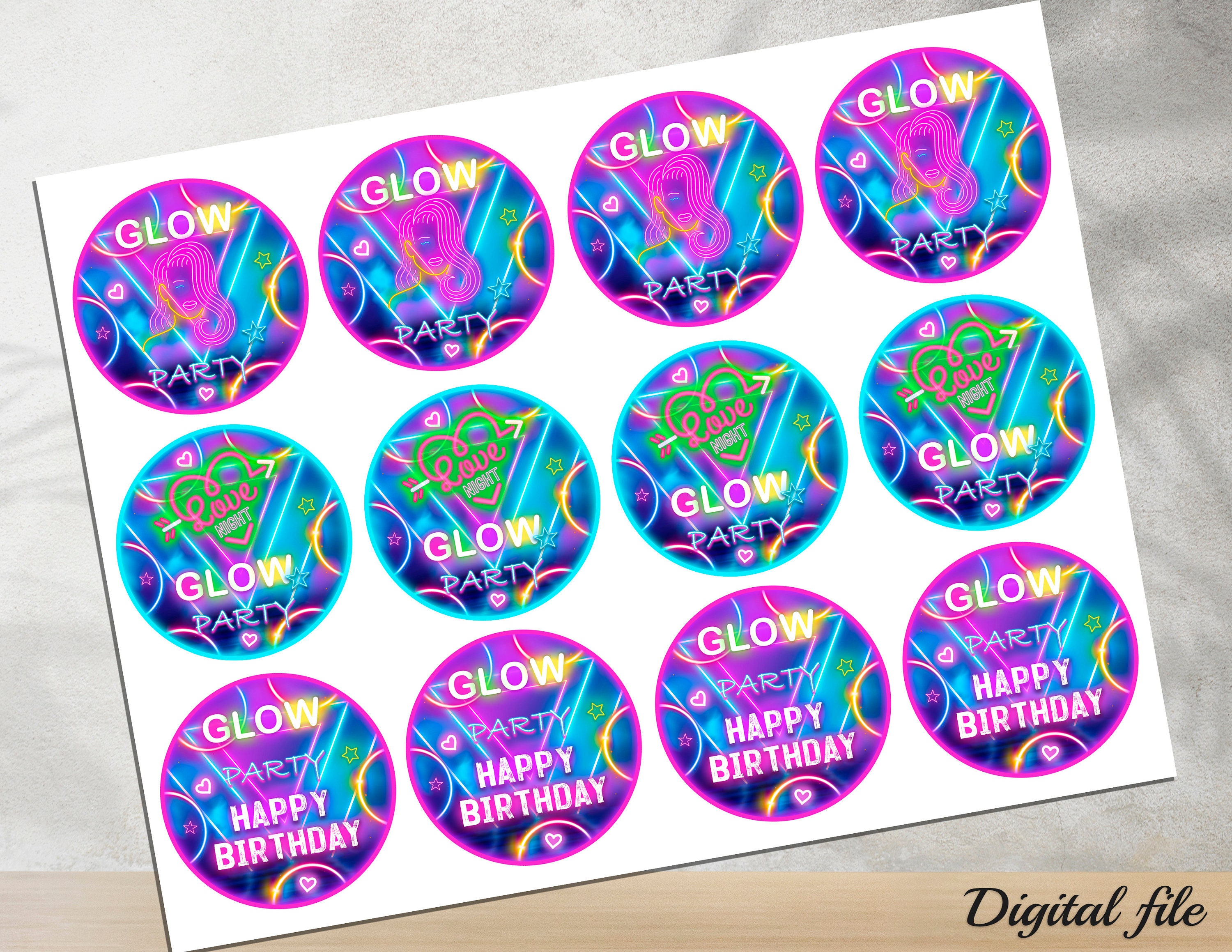 Glow Neon Cupcake Toppers Printable, Glow Neon Birthday, Glow Neon ...