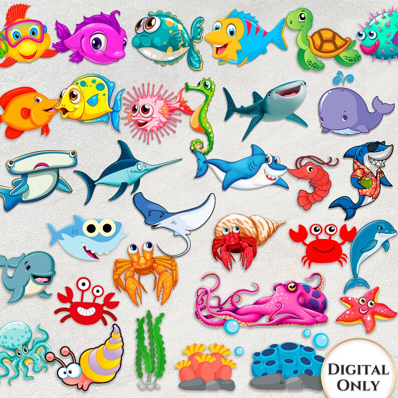 Sea Animals Clipart Digital, Ocean Png, Sea Animals, Sea Clipart, Cute ...