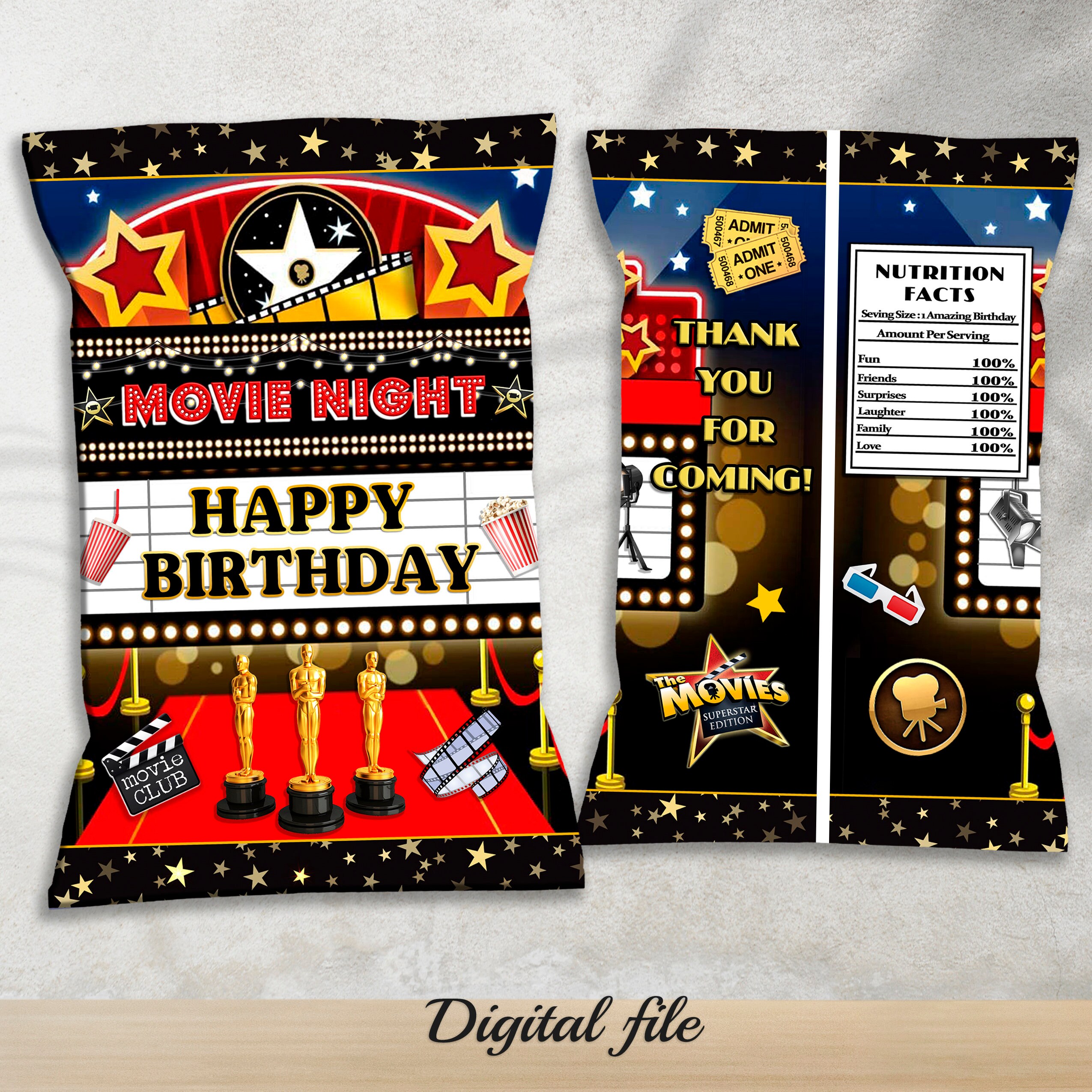 Movie Night Chip Bag Digital, Movie Night Birthday Party, Movie Night ...