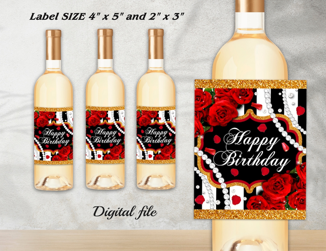 Red Roses Wine Label Digital, Black White Stripes Birthday Party, Happy ...