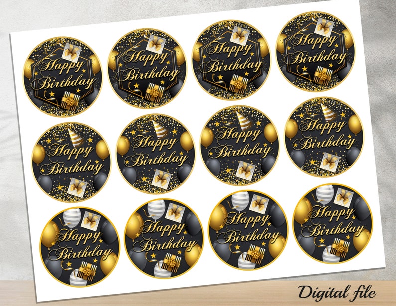 Black and Gold Cupcake Toppers Printable, Black Gold Birthday, Happy ...
