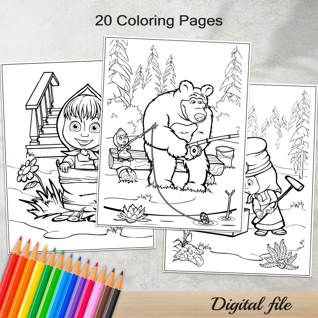 Masha and the Bear Coloring Packs Digital, Masha and Bear Birthday ...